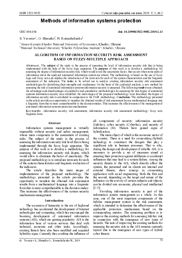 Pdf Algorithm Of Information Security Risk Assessment Based On Fuzzy Multiple Approach