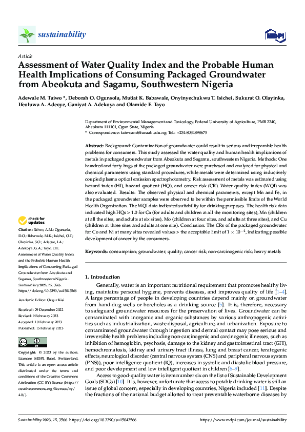 (PDF) Assessment of Water Quality Index and the Probable Human Health Implications of Consuming ...