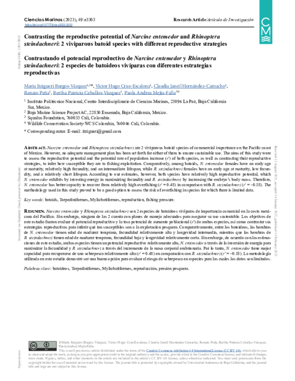 (PDF) Contrasting the reproductive potential of Narcine entemedor and Rhinoptera steindachneri ...