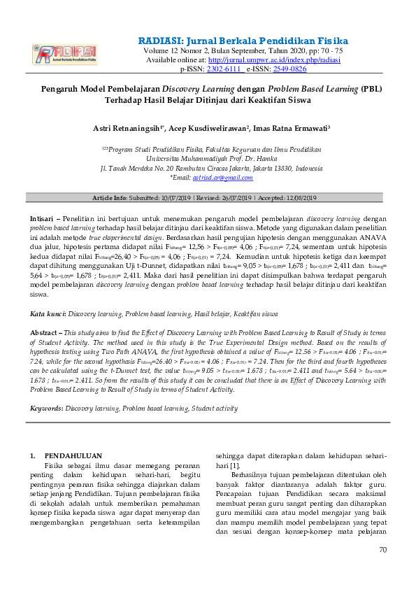 (PDF) Pengaruh Model Pembelajaran Discovery Learning dengan Problem Based Learning (PBL ...