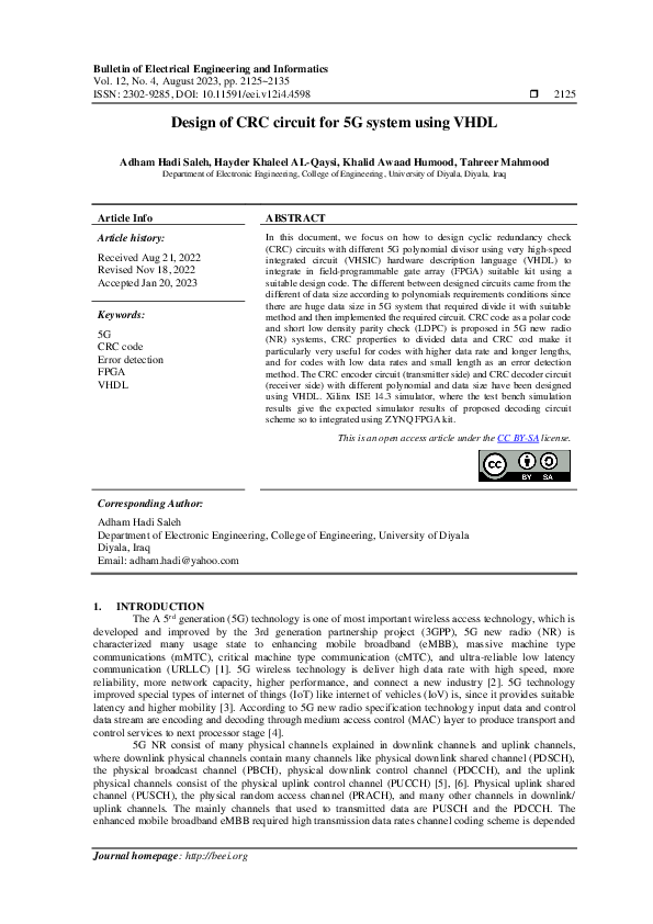 Pdf Design Of Crc Circuit For 5g System Using Vhdl Hayder Khaleel Al Qaysi