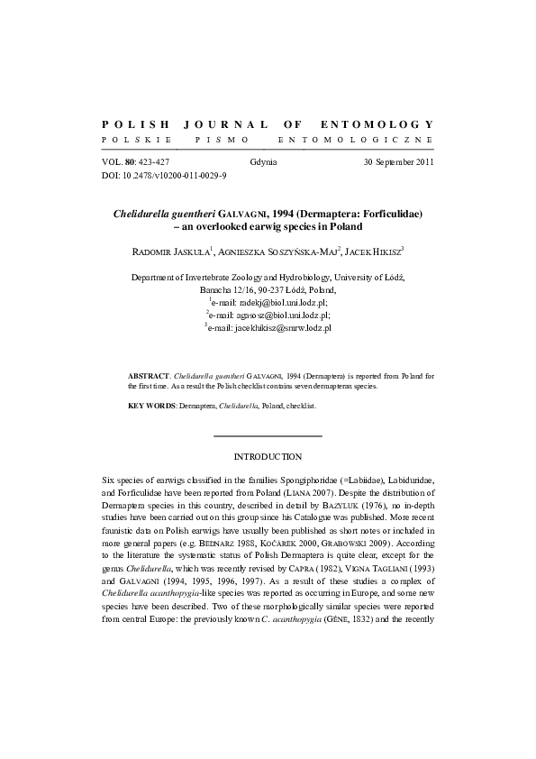 (PDF) Chelidurella guentheri Galvagni, 1994 (Dermaptera: Forficulidae ...