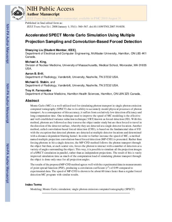 Pdf Accelerated Spect Monte Carlo Simulation Using Multiple Projection Sampling And