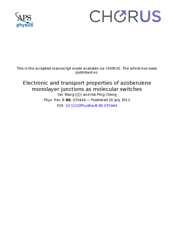 (PDF) Electronic and transport properties of azobenzene monolayer junctions as molecular switches