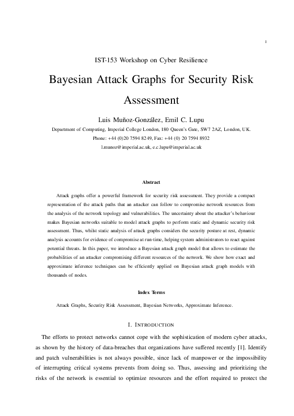 (PDF) Bayesian Attack Graphs for Security Risk Assessment