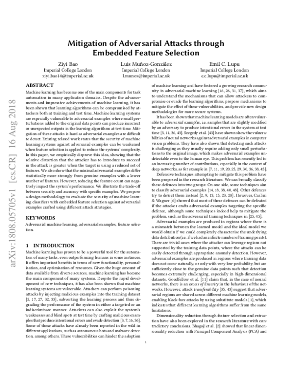 (PDF) Mitigation of Adversarial Attacks through Embedded Feature Selection