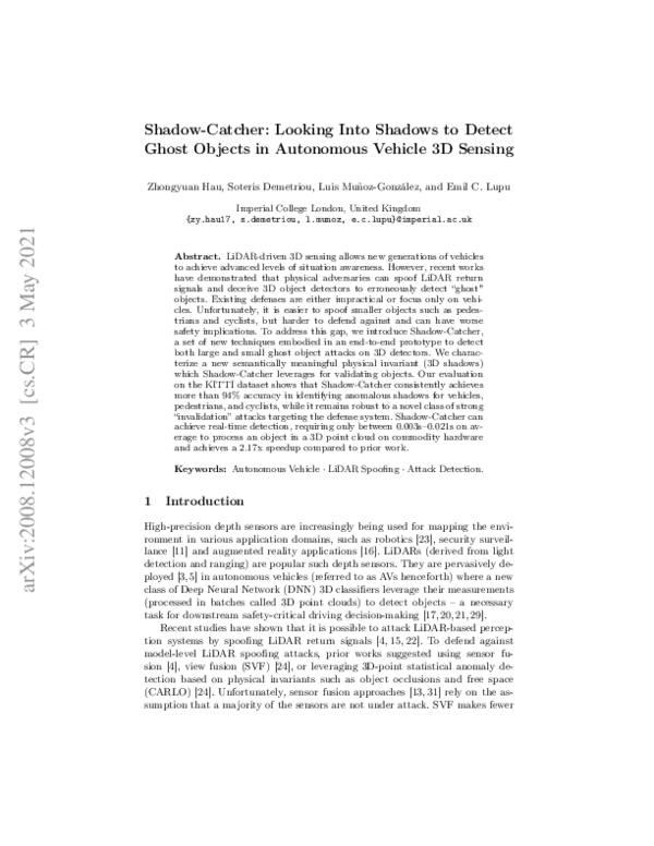 (PDF) Shadow-Catcher: Looking into Shadows to Detect Ghost Objects in Autonomous Vehicle 3D Sensing