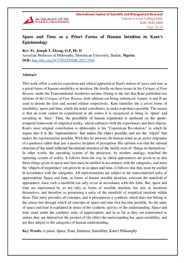 (PDF) Space and Time as a Priori Forms of Human Intuition in Kant’s ...