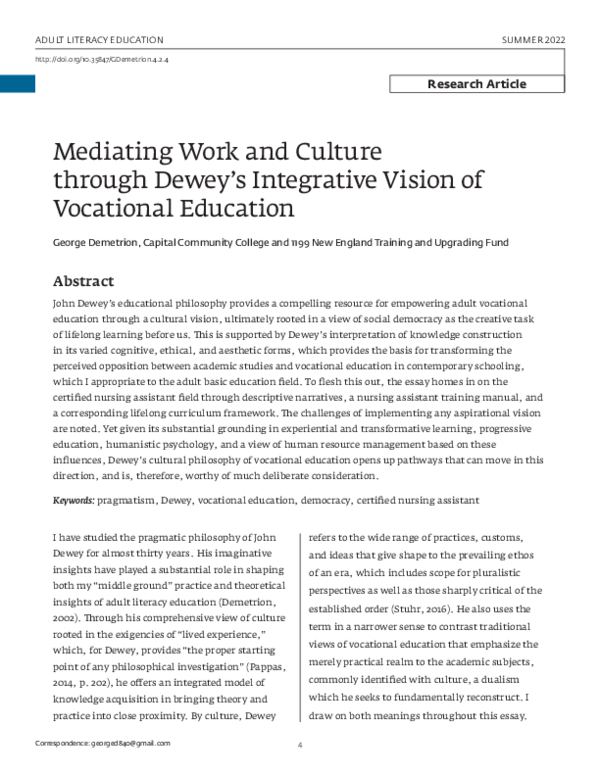(PDF) Mediating Work and Culture through Dewey’s Integrative Vision of ...