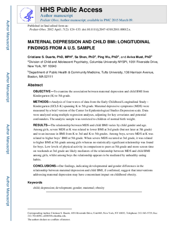 (PDF) Maternal depression and child BMI: longitudinal findings from a ...
