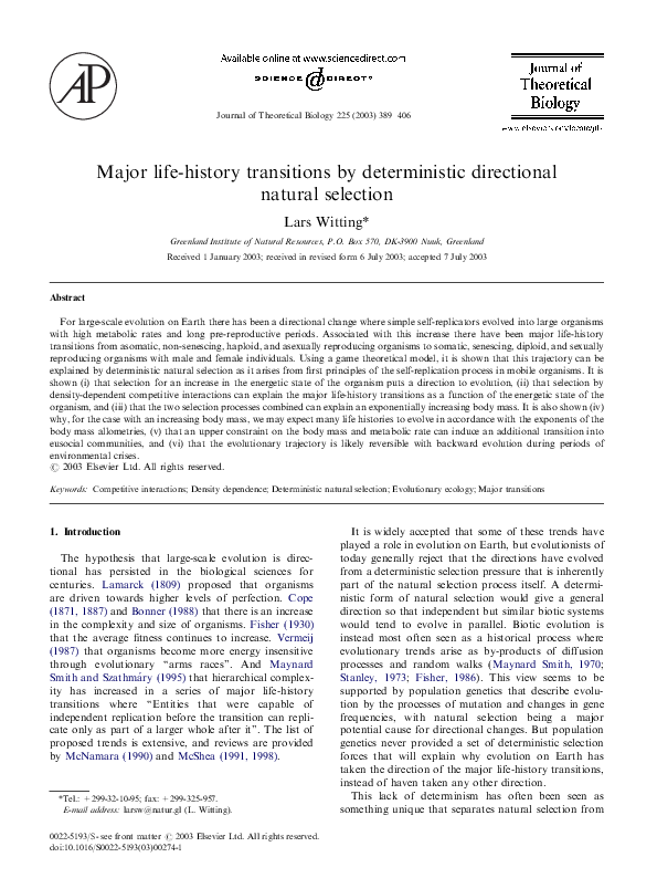 (PDF) Major life-history transitions by deterministic directional natural selection