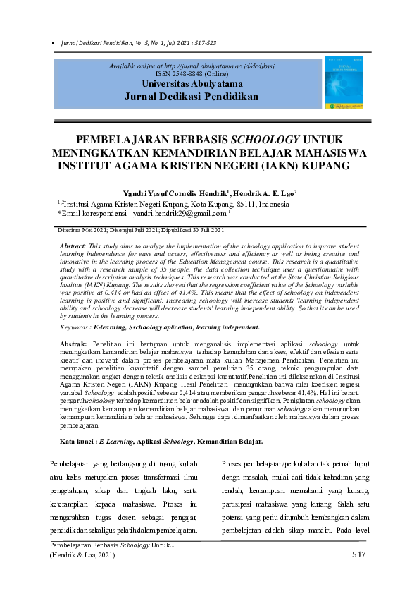 (PDF) Pembelajaran Berbasis Schoology Untuk Meningkatkan Kemandirian Belajar Mahasiswa Institut ...