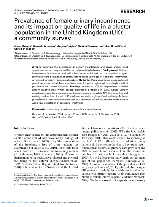 (PDF) Female Urinary Incontinence Prevalence in UK