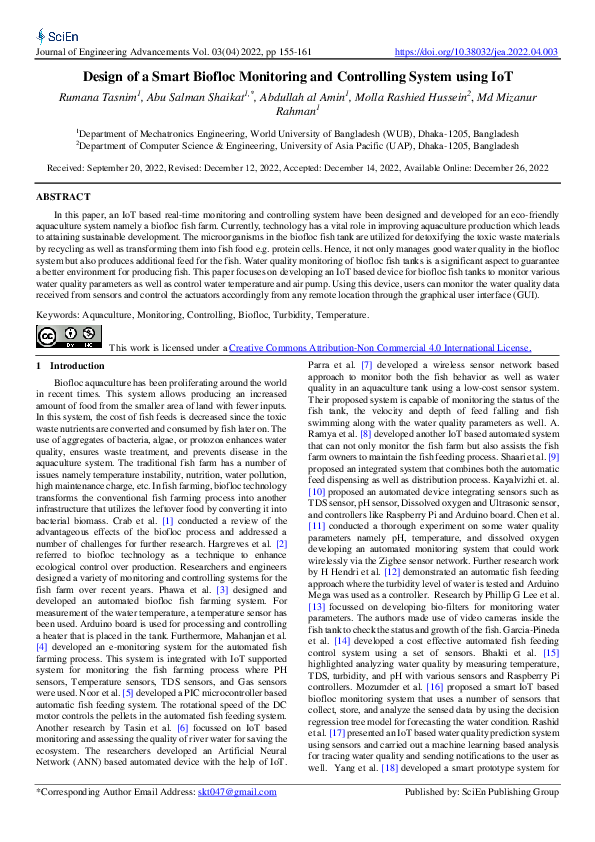 (PDF) Design of a Smart Biofloc Monitoring and Controlling System using IoT