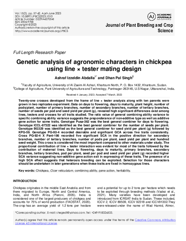 (PDF) Genetic analysis of agronomic characters in chickpea using line × ...