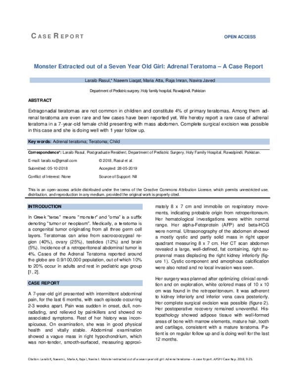 (PDF) Monster Extracted out of a Seven Year Old Girl: Adrenal Teratoma ...