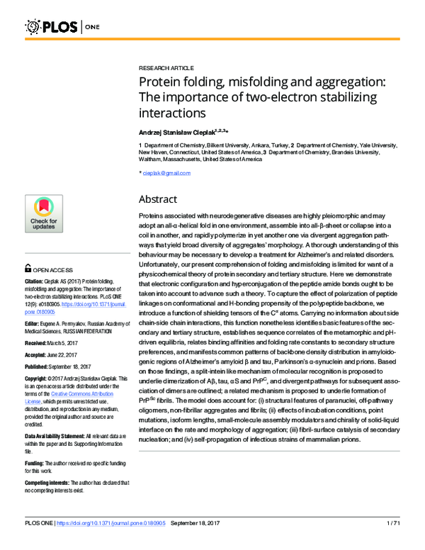 (PDF) Protein folding, misfolding and aggregation: The importance of two-electron stabilizing ...