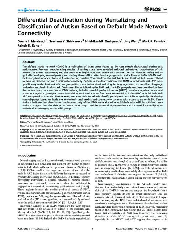 (PDF) Differential Deactivation during Mentalizing and Classification of Autism Based on Default ...