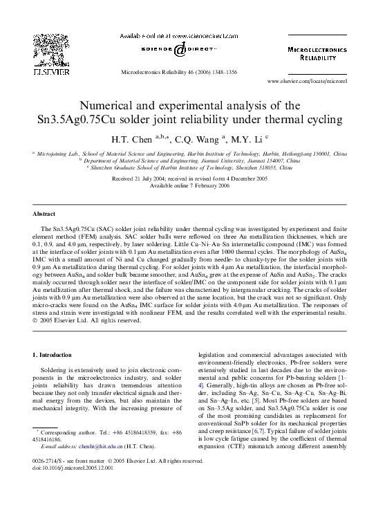(PDF) Numerical and experimental analysis of the Sn3.5Ag0.75Cu solder ...