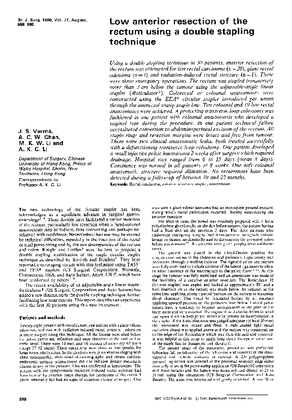 (PDF) Low anterior resection of the rectum using a double stapling ...