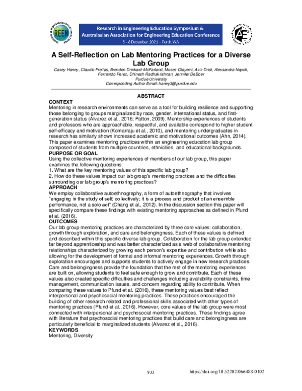 (PDF) A Self-Reflection on Lab Mentoring Practices for a Diverse Lab Group