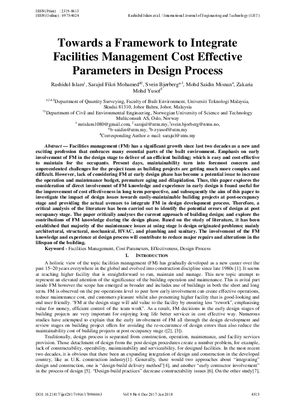 (PDF) Towards a Framework to Integrate Facilities Management Cost Effective Parameters in Design ...