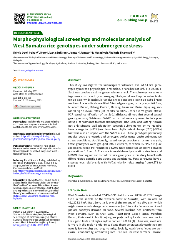(PDF) Morpho-physiological screenings and molecular analysis of west sumatra rice genotypes ...