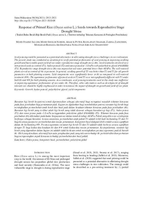 (PDF) Response of Primed Rice (Oryza sativa L.) Seeds towards ...