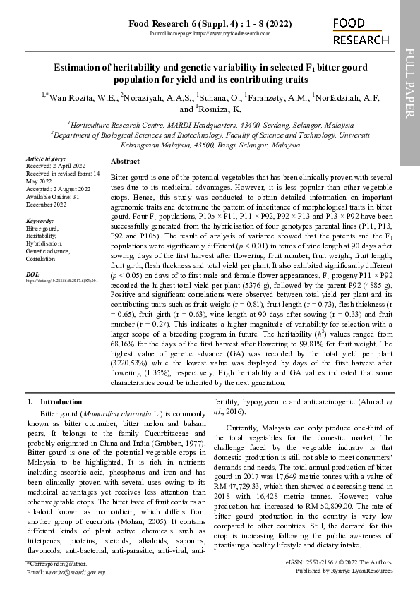 (PDF) Estimation of heritability and genetic variability in selected F1 bitter gourd population ...