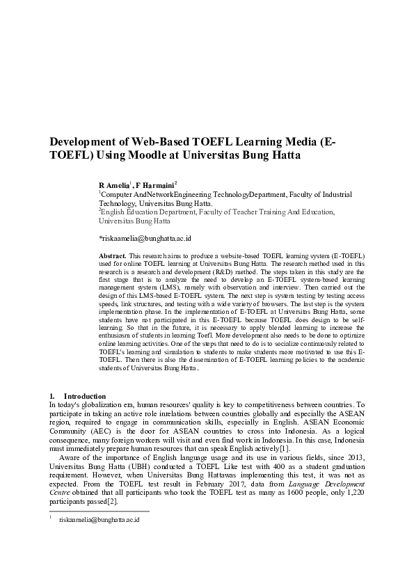 (PDF) Development of Web-Based TOEFL Learning Media (E-TOEFL) Using Moodle at Universitas Bung Hatta