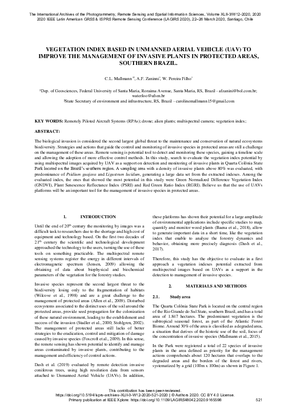 (PDF) Vegetation Index Based in Unmanned Aerial Vehicle (Uav) to Improve the Management of ...