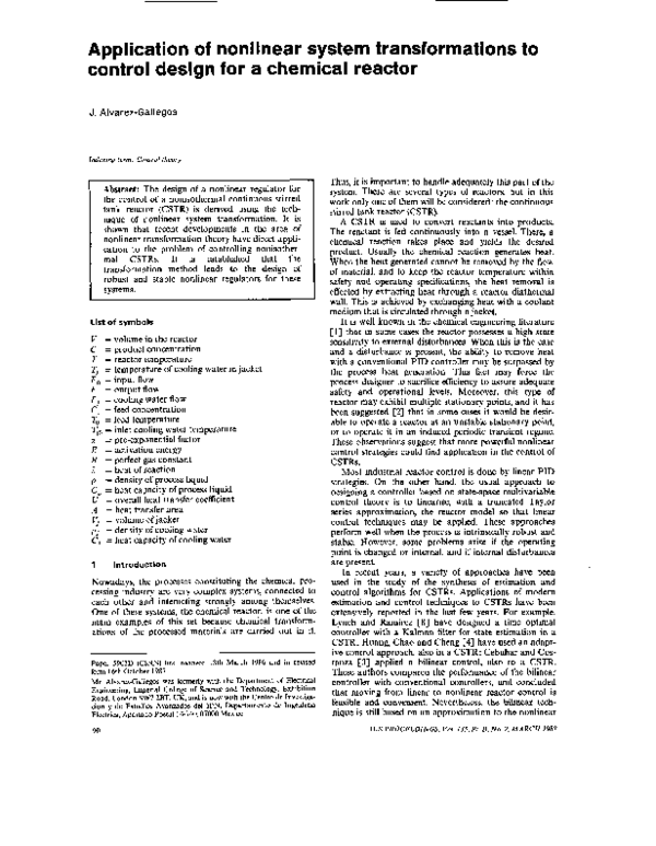 (PDF) Application of nonlinear system transformations to control design for a chemical reactor