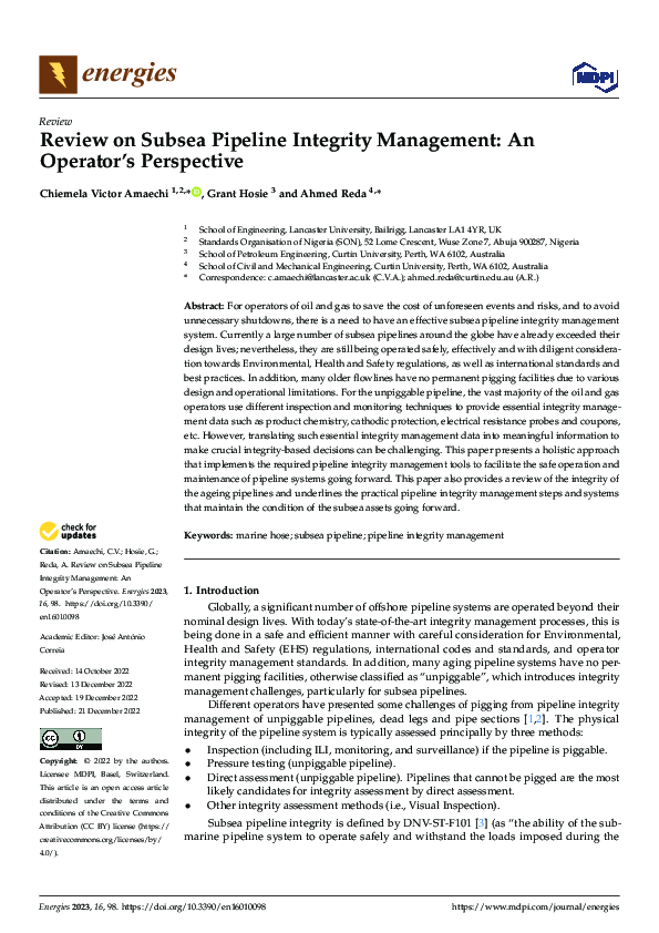 (PDF) Review on Subsea Pipeline Integrity Management: An Operator’s Perspective