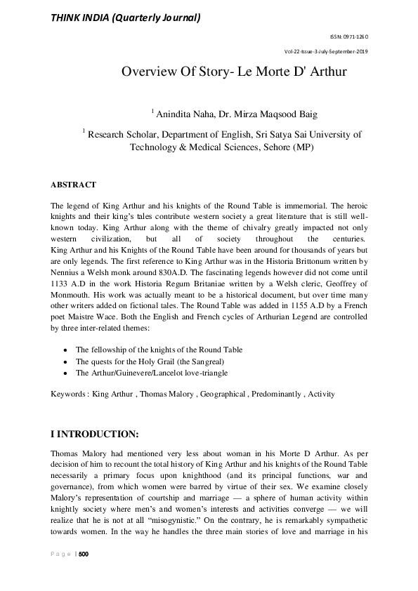 (PDF) Overview Of Story- Le Morte D' Arthur