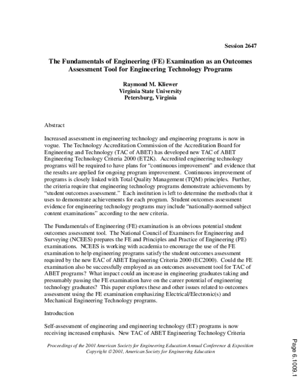 (PDF) The Fundamentals Of Engineering (Fe) Examination As An Outcomes ...