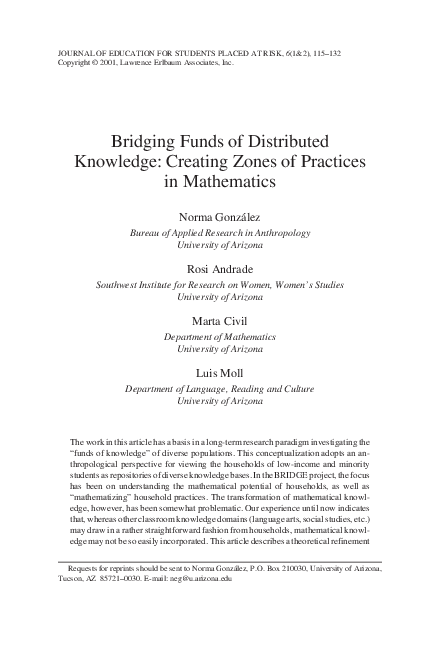 (PDF) Bridging Funds of Distributed Knowledge: Creating Zones of Practices in Mathematics