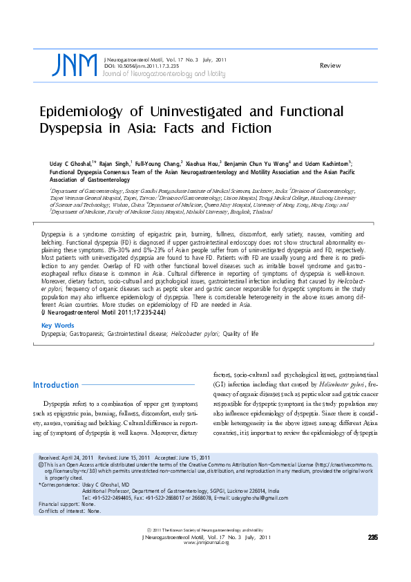 (PDF) Epidemiology of uninvestigated and functional dyspepsia in Asia: facts and fiction