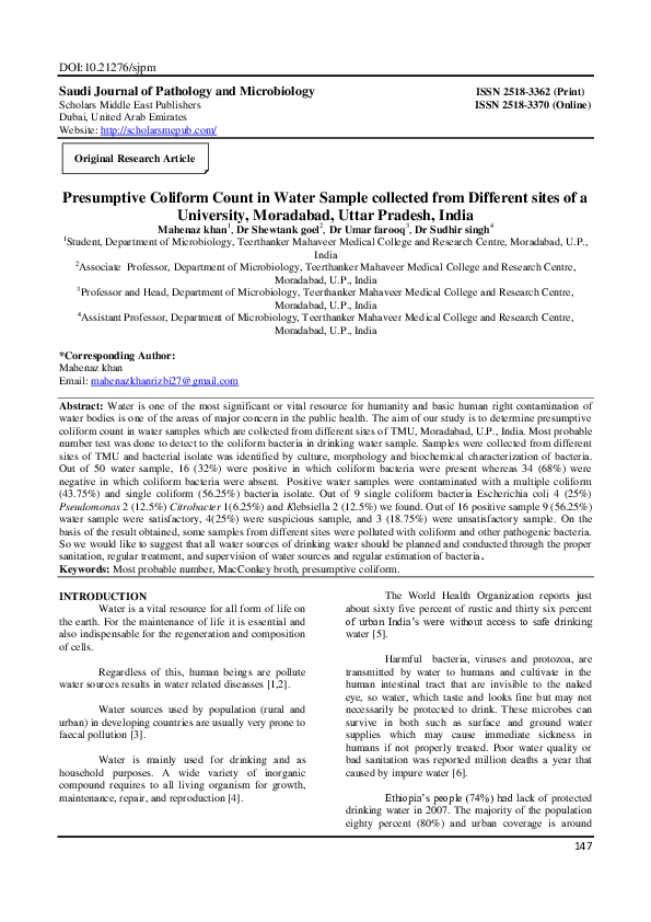(PDF) Presumptive Coliform Count in Water Sample Collected from ...