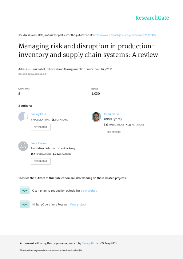 (PDF) Managing risk and disruption in production-inventory and supply ...