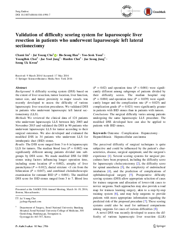 (PDF) Validation of difficulty scoring system for laparoscopic liver resection in patients who ...