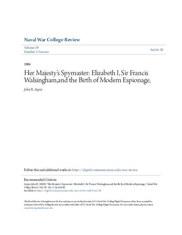 (PDF) Her Majesty's Spymaster: Elizabeth I, Sir Francis Walsingham, and ...