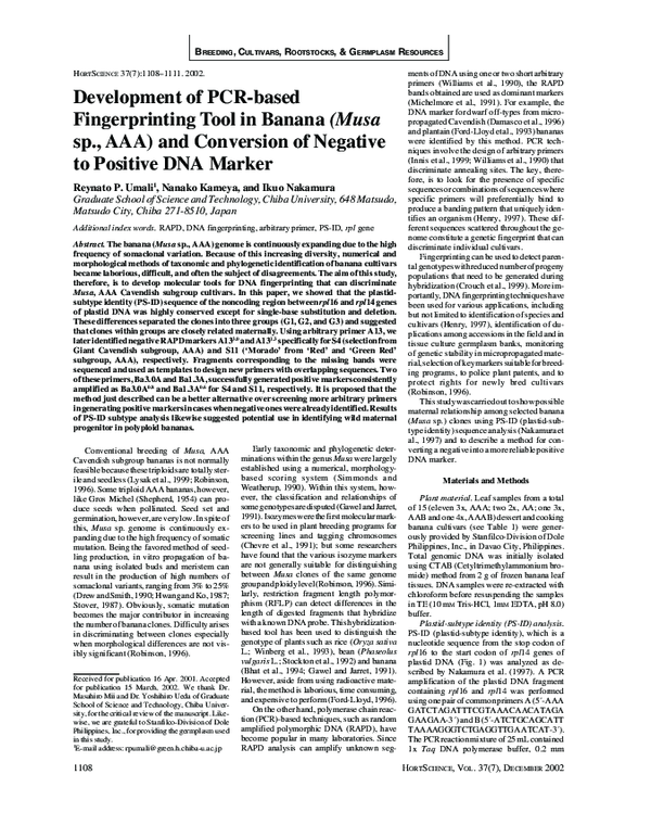 (PDF) Development of PCR-based Fingerprinting Tool in Banana (Musa sp ...