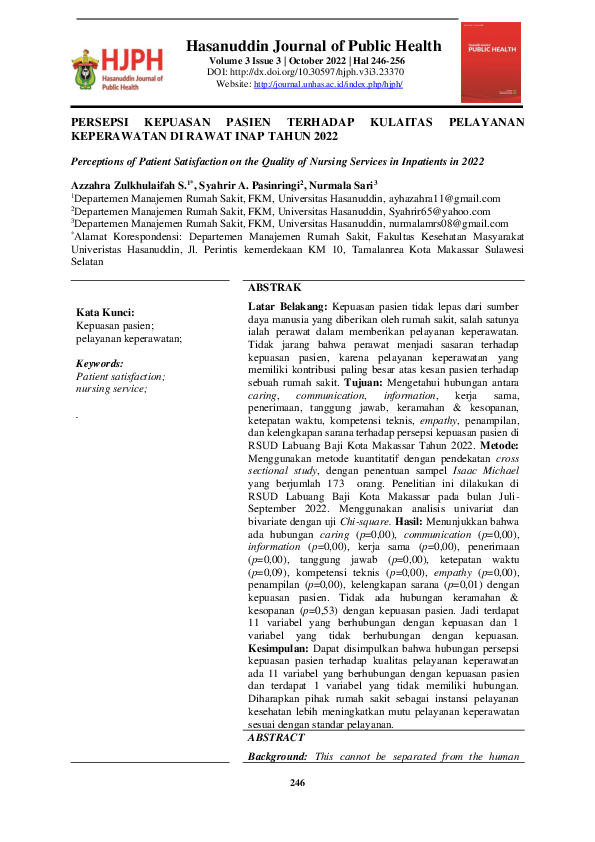 (PDF) Persepsi Kepuasan Pasien Terhadap Kualitas Pelayanan Keperawatan DI Rawat Inap Tahun 2022 ...