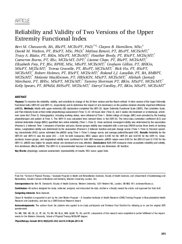 (PDF) Reliability and Validity of Two Versions of the Upper Extremity Functional Index