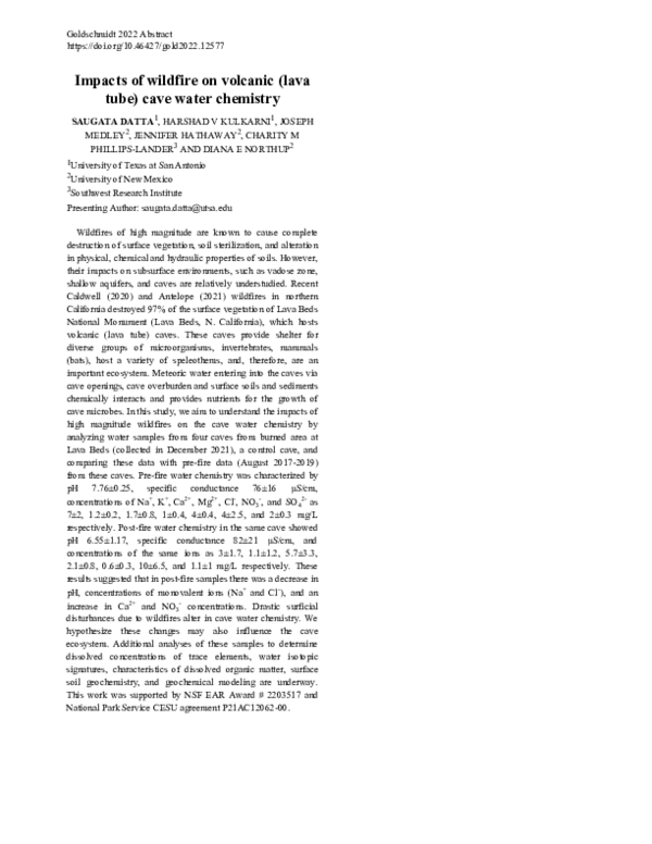 (PDF) Impacts of Wildfire on Volcanic (Lava Tube) Cave Water Chemistry ...