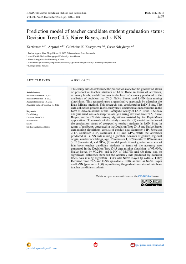 (PDF) Prediction model of teacher candidate student graduation status: Decision Tree C4.5, Naive ...