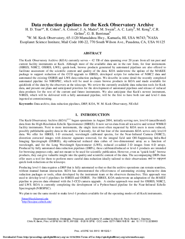 (PDF) Data reduction pipelines for the Keck Observatory Archive