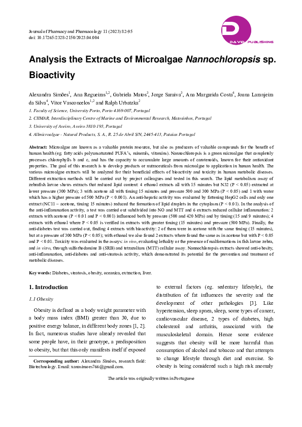(PDF) Analysis the Extracts of Microalgae Nannochloropsis sp. Bioactivity