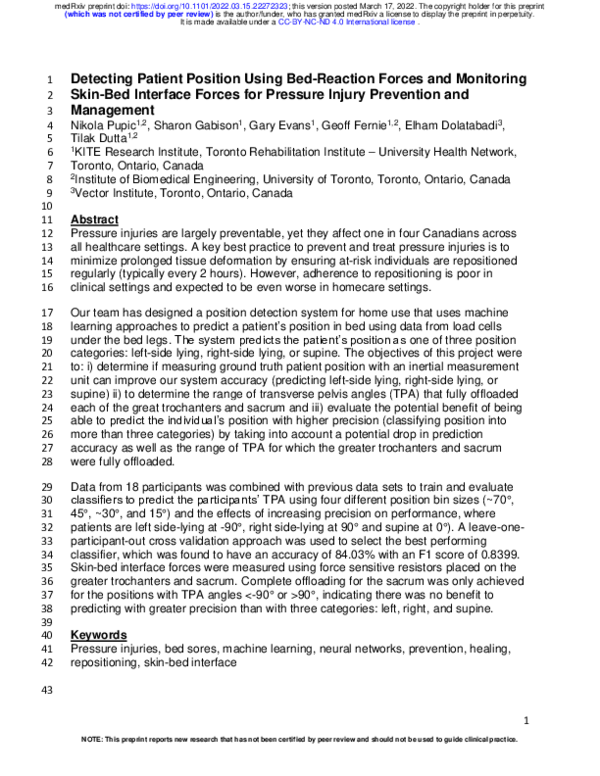 (PDF) Detecting Patient Position Using Bed-Reaction Forces and ...