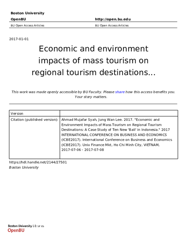 (PDF) Economic and environment impacts of mass tourism on regional ...